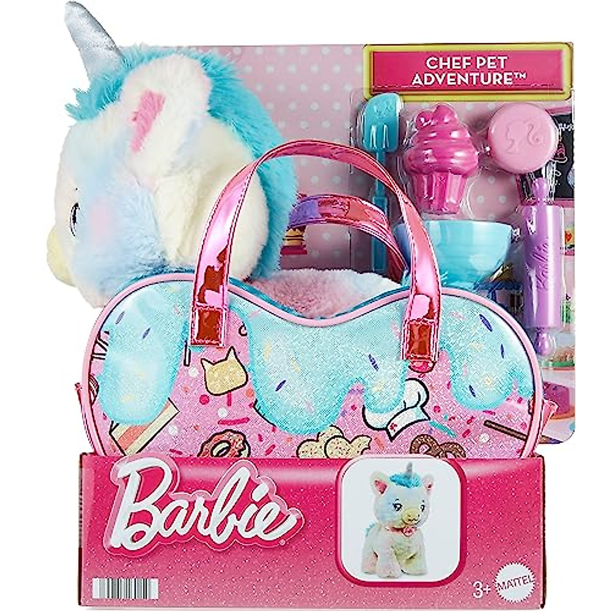 Barbie Stuffed Animals, Unicorn Toys, Plush Unicorn with Dessert-Themed Purse Playset and 5 Accessories, Chef Pet Adventure