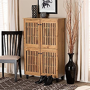 BOWERY HILL Modern Oak Brown Finished Wood 4-Door Shoe Storage Cabinet