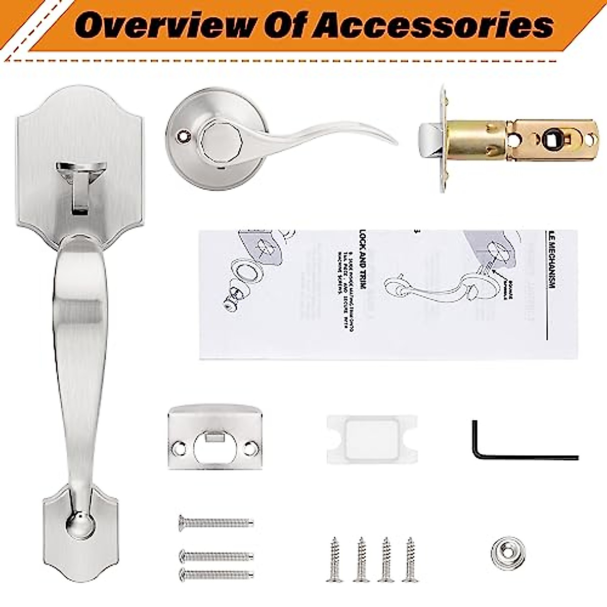 Probrico Camelot Trim Lower Half Front Entry Handleset, Passage Lock Grip Handle with Wave Lever, Keyless Door Locks Brushed Nickel, Interior and Exterior Entrance Passage Lock
