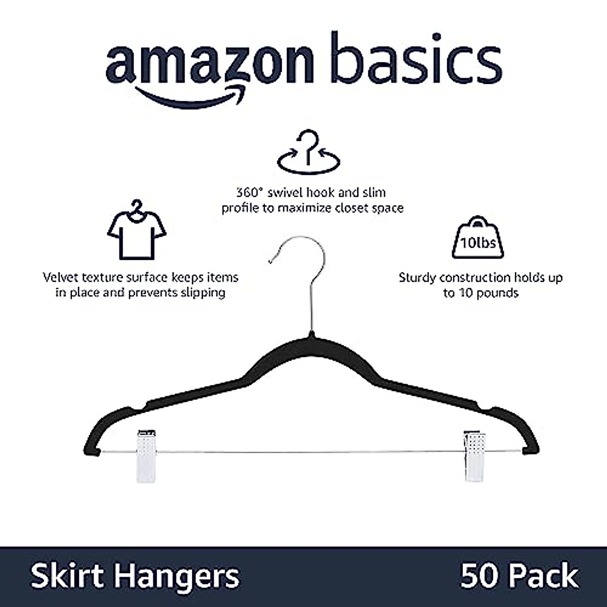 Amazon Basics Velvet, Non-Slip Skirt Clothes Hangers with Clips, Pack of 50, Black/Silver