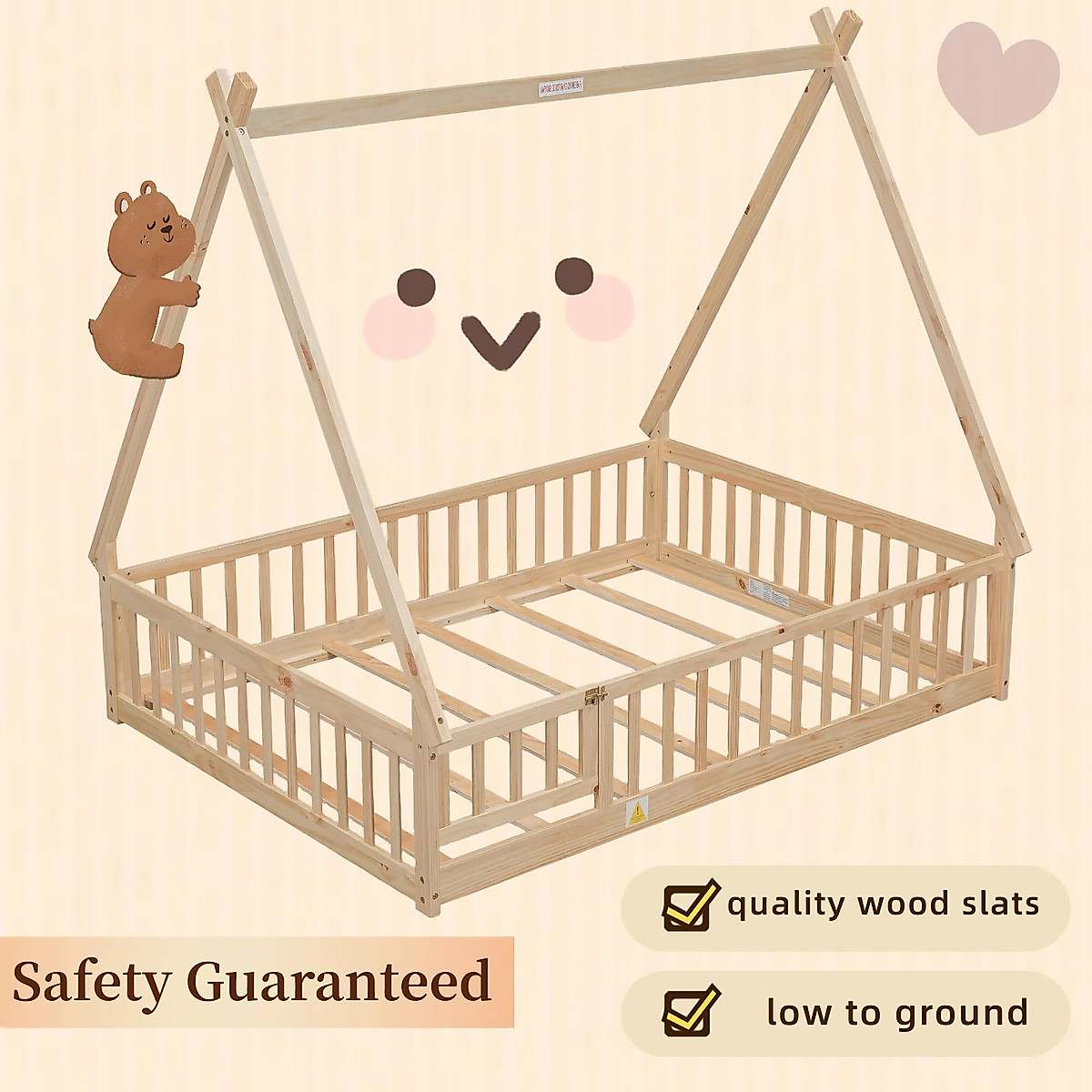 Mirightone Tent Floor Bed for Kids Full Size Montessori Floor Bed with Slats and Guardrails Wood Teepee Bed Frame with Fence and Door for Boys Girls, Natural