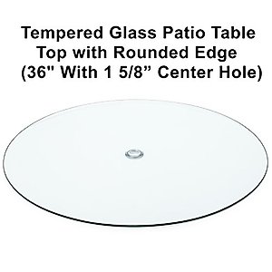Audio-Visual Direct Tempered Glass Patio Table Top with Rounded Edge (36" with 1 5/8" Center Hole) Includes Free Umbrella Hole Ring and Cup Set