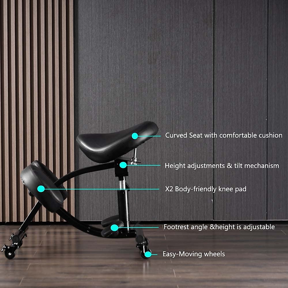 Kneeling Chair with Wheels, Ergonomic Balance Chair for Home and Office，Adjustable Saddle Chair to Improve Your Posture,Comfortable Knees and Footrest,Black,SSS-1459-M