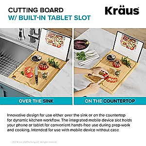 Kraus KCBT-WS103BB Solid Bamboo Cutting Board with Mobile Device Holder for Workstation Kitchen Sink (16 3/4 in. x 12