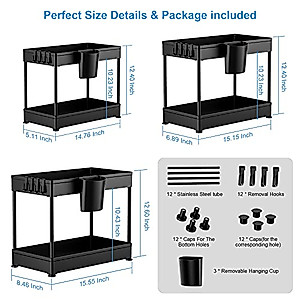 CuivnKak Under Sink Organizer, 2 Tier Under the Sink Organizer, Under Cabinet Organizer, Kitchen Sink Organizer, Bathroom Organizer Under Sink with 3 Hanging Cups and 12 Hooks, 3 Pack Black