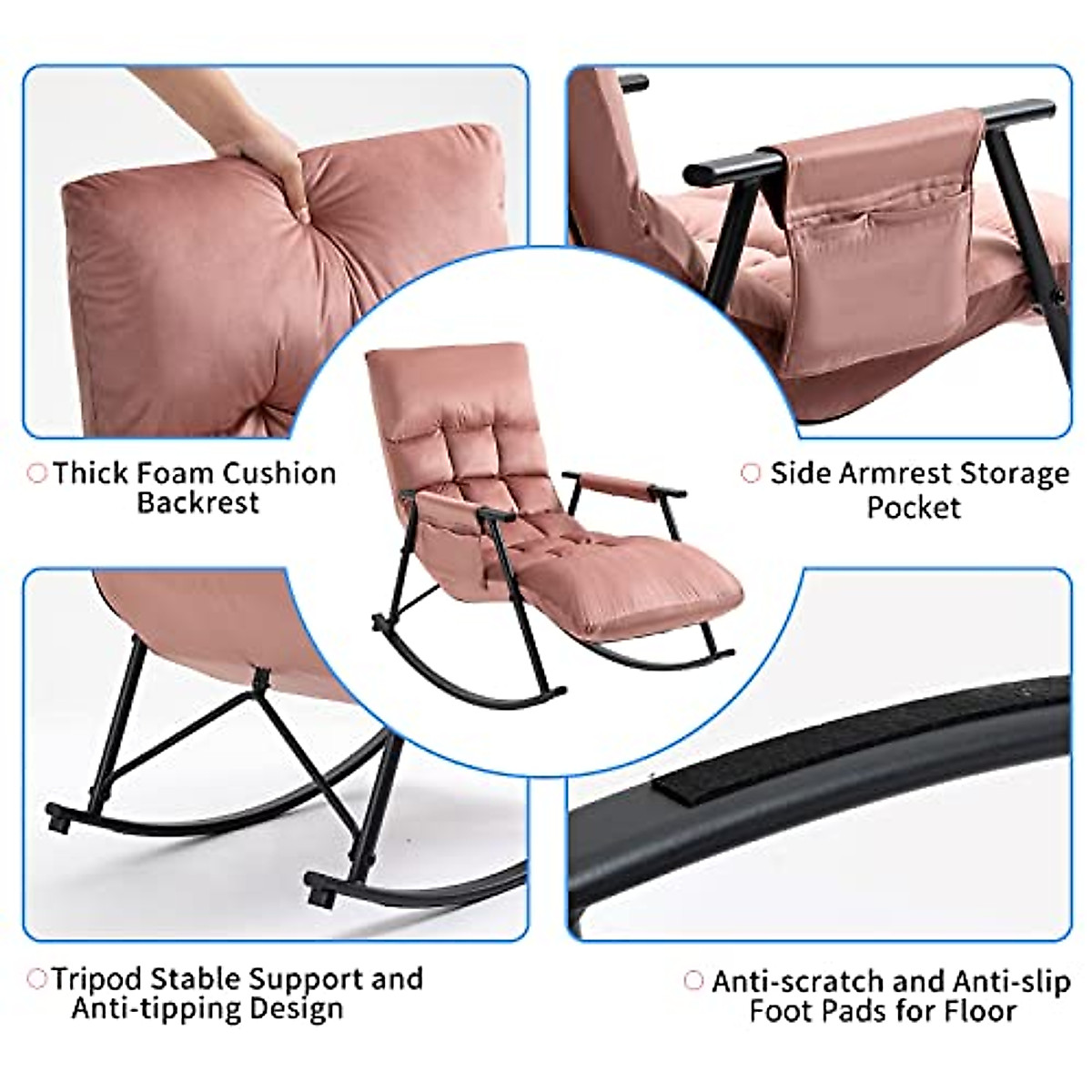 ZJhome Velvet Accent Folding Rocking Recliner Chair Nursery with Side Pocket Adjustable High Back & Foot Rest, Comfortable Upholstered Nursing Glider Rocker Armchair for Living Room, Bedroom(Pink)