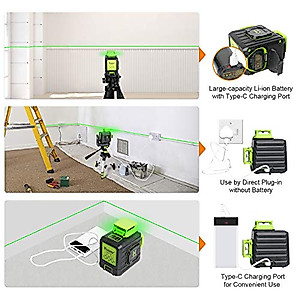 Huepar 2 x 360 Cross Line Self-leveling Laser Level, 360° Green Beam Dual Plane Leveling and Alignment Laser Tool, Li-ion Battery with Type-C Charging Port & Hard Carry Case Included - B02CG