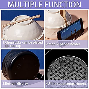 2 Sets Microwave Ramen Cooker Bowl Set Quick Ramen Cooker with Handles Ramen Noodle Cooker with Spoon Chopsticks Fork College Dorm Room Apartment Essentials for Girls and Boys (Black, Beige)