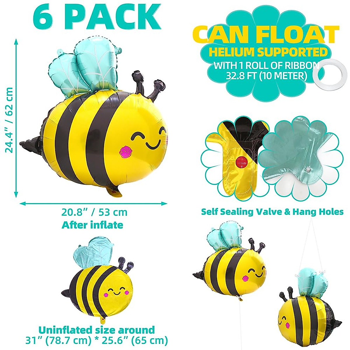 Cute Smile Face Bee Balloons Lovely Woodland Honeybee Balloons Bee Theme Birthday Supplies Party Decorations Baby Shower, 6 Pack Big Cartoon Bumblebee Mylar Foil Balloons Animal Party Balloons