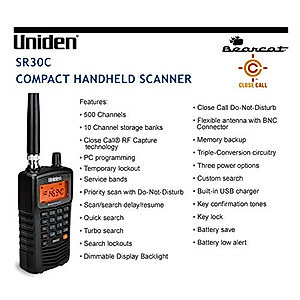 Uniden Bearcat SR30C, 500-Channel Compact Handheld Scanner, Close Call RF Capture, Turbo Search, PC programable, NASCAR, Racing, Aviation, Marine, Railroad, and Non-Digital Police, Fire, Public Safety