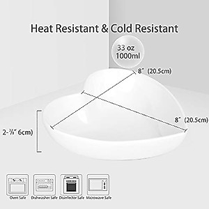 Keponbee 2pcs Porcelain Big Heart-shaped Bowls White Deep Heart Plates Salad Bowl/Fruit Bowl for Desserts/Pasta/Dinner, 8"
