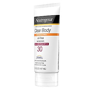 Neutrogena Clear Body Breakout-Free Liquid Sunscreen Lotion for AcneProne Skin, Oil Free Sunscreen, Broad Spectrum SPF 30, Oxybenzone Free, Fragrance Free, Non Comedogenic, Unscented, 5 Fl Oz