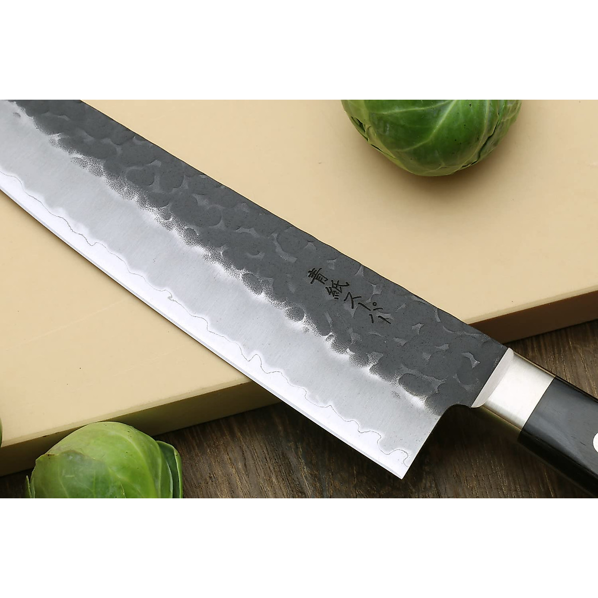 Yoshihiro Kurouchi Super Blue Steel Stainless Clad Santoku Multipurpose Chef Knife (7" (180mm) & Saya, Black Pakkawood Handle)