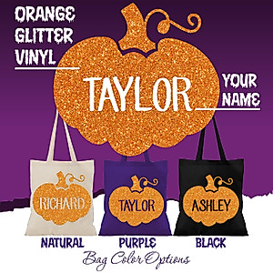 Customized Glitter Orange Pumpkin Halloween Trick or Treat Tote Bags, Goodie Bag (Black)