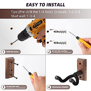 VEINTICO Guitar Wall Hanger, Guitar Wall Mounts 2 Pack, Guitar Hanger Hook Bracket Holder for Acoustic and Electric Guitars Bass Banjo Mandolin, Black Walnut Wood base