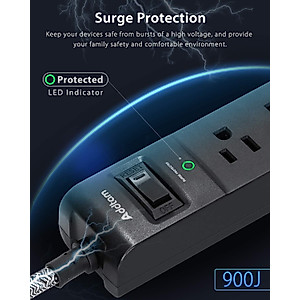 10 Ft Power Strip Surge Protector- 5 Outlets 3 USB Ports, Flat Plug Braided Extension Cord, Overload Surge Protection, Wall Mount for Hotel, Home and Office.