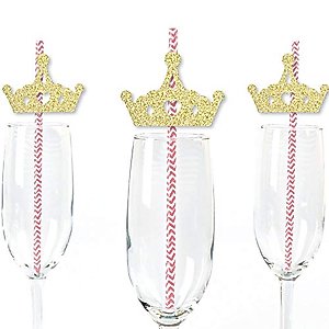 Gold Glitter Princess Crown Party Straws - No-Mess Real Gold Glitter Cut-Outs and Decorative Pink and Gold Princess Baby Shower or Birthday Party Paper Straws - Set of 24