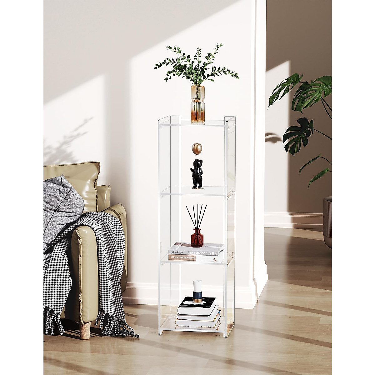 Acrylic Bookcase Cube Storage Bookshelf, Standing Display Bookshelf Floor Standing Bookshelf for Bedroom Living Room (Clear 3cube)