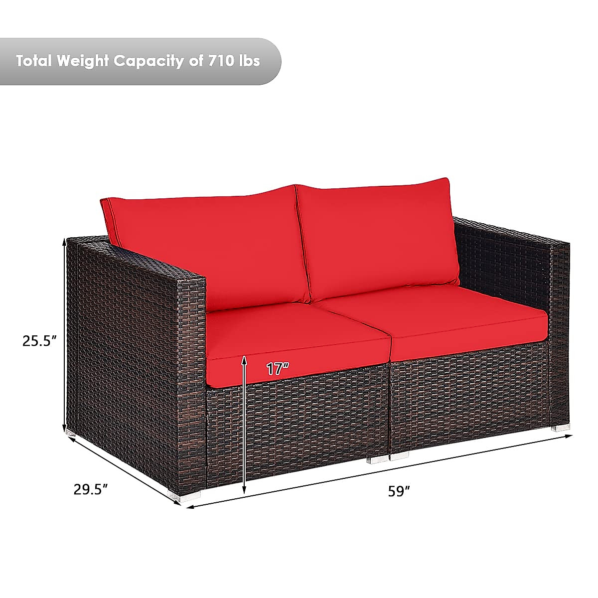 RELAX4LIFE 2-Piece Patio Rattan Loveseat - Sectional Corner Sofa Set w/Removable Cushions & Pillows, All Weather Furniture Set for Porch, Poolside, Balcony, Yard, Outdoor Wicker loveseat (Red)