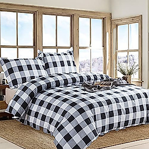 FADFAY Buffalo Plaid College Dorm Duvet Cover Set 100% Microfiber Black and White Gingham Plaid Geometric Checker Bedding Set with Hidden Zipper Closure 3Pc, 1Duvet Cover + 2Pillowcases, Twin XL Size