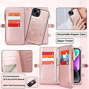 Harryshell Compatible with iPhone 14 / iPhone 13 6.1 inch 2022, [Block Theft Card Scanning], Detachable Magnetic Case Wallet Cash Zipper Pocket Crossbody Lanyard Strap (Floral Rose Gold)