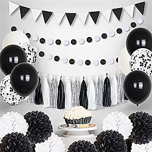 ANSOMO Black and White Party Decorations and Supplies, for Baby Shower and Birthday Graduation Bachelorette with Paper Fan and Tassel Garland