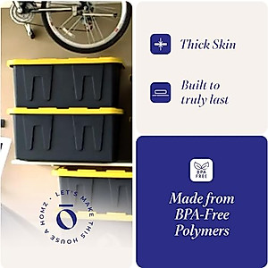 HOMZ Durabilt 15-Gallon Storage Tote with Flip Lid, Heavy-Duty Storage Bin with Snap-on Lid, Black and Yellow, 2 Pack