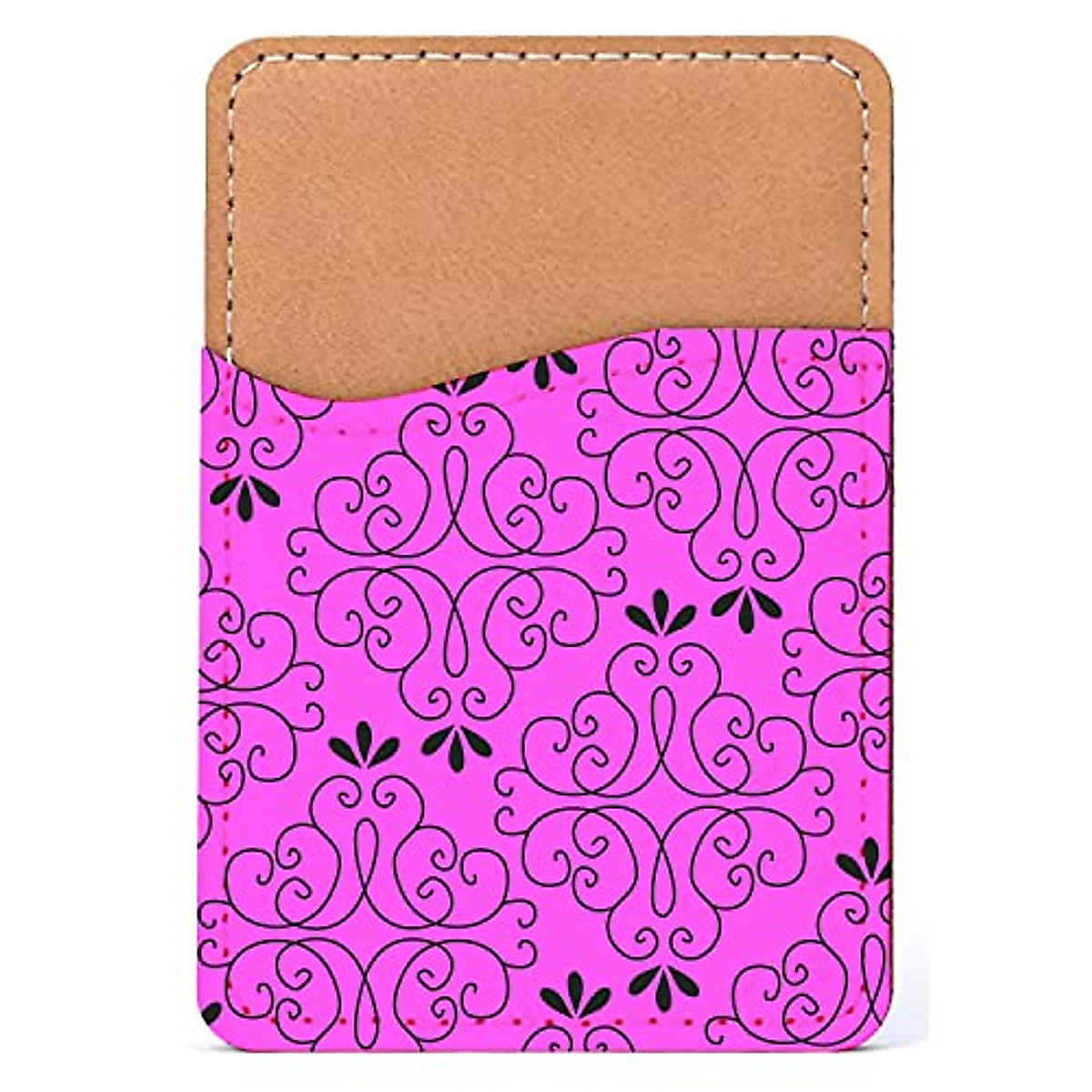 DistinctInk Adhesive Phone Wallet / Card Holder – Universal Vegan Leather Credit Card ID Adhesive Sleeve, Travel Light with Essential Items - Neon Pink Black Floral Pattern