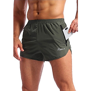 Pudolla Men’s Running Shorts 3 Inch Quick Dry Gym Athletic Workout Shorts for Men with Zipper Pockets(Black Green Large)