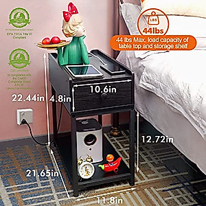 AMHANCIBLE End Tables Living Room Set of 2 with Charging Station, Black Nightstand with Drawer, Bedside Tables with USB Ports & Outlets, Slim Side Table for Small Spaces, Bedroom, Couch, HET04LDBK