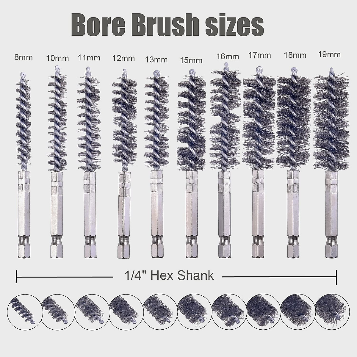 WENORA 10 Pcs Bore Brush for Drill, Drill Wire Bore Brush, Stainless Steel Bore Brush Set witn 1/4 Inch HexShank, Drill Wire Brush for Power Drill Impact Driver