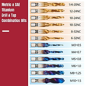 ColumPRO 12PCS Titanium Drill and Tap Combination Bits Set, 1/4” Hex Shank 3-in-1 Blue Coated Spiral Screw Tapping Multi-Function Bit for Drilling, Tapping and Countersinking (Metric&SAE)