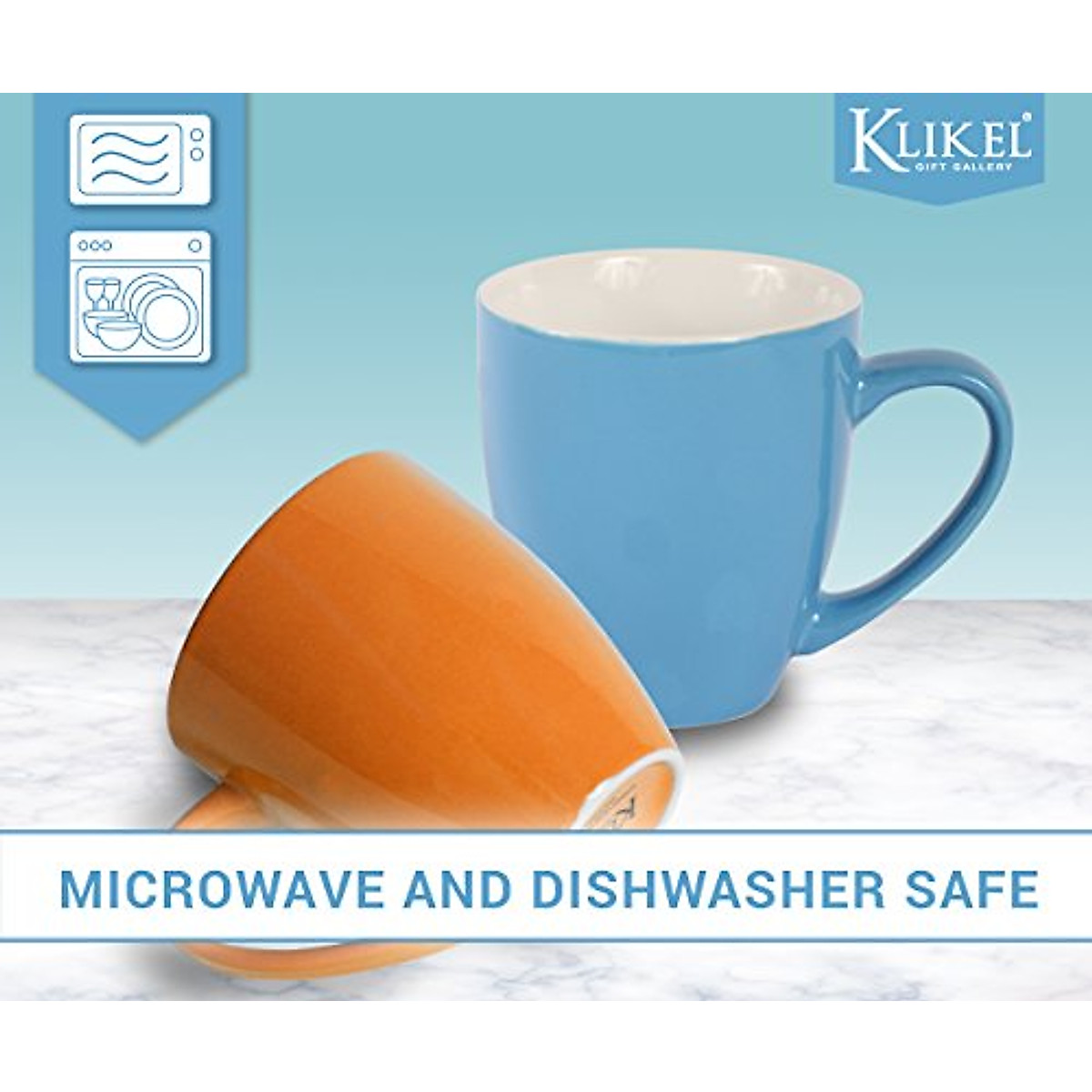 Klikel 6 Colored Coffee Mugs Set - 16oz Flat Bottom Stoneware - Bright Multi Colored