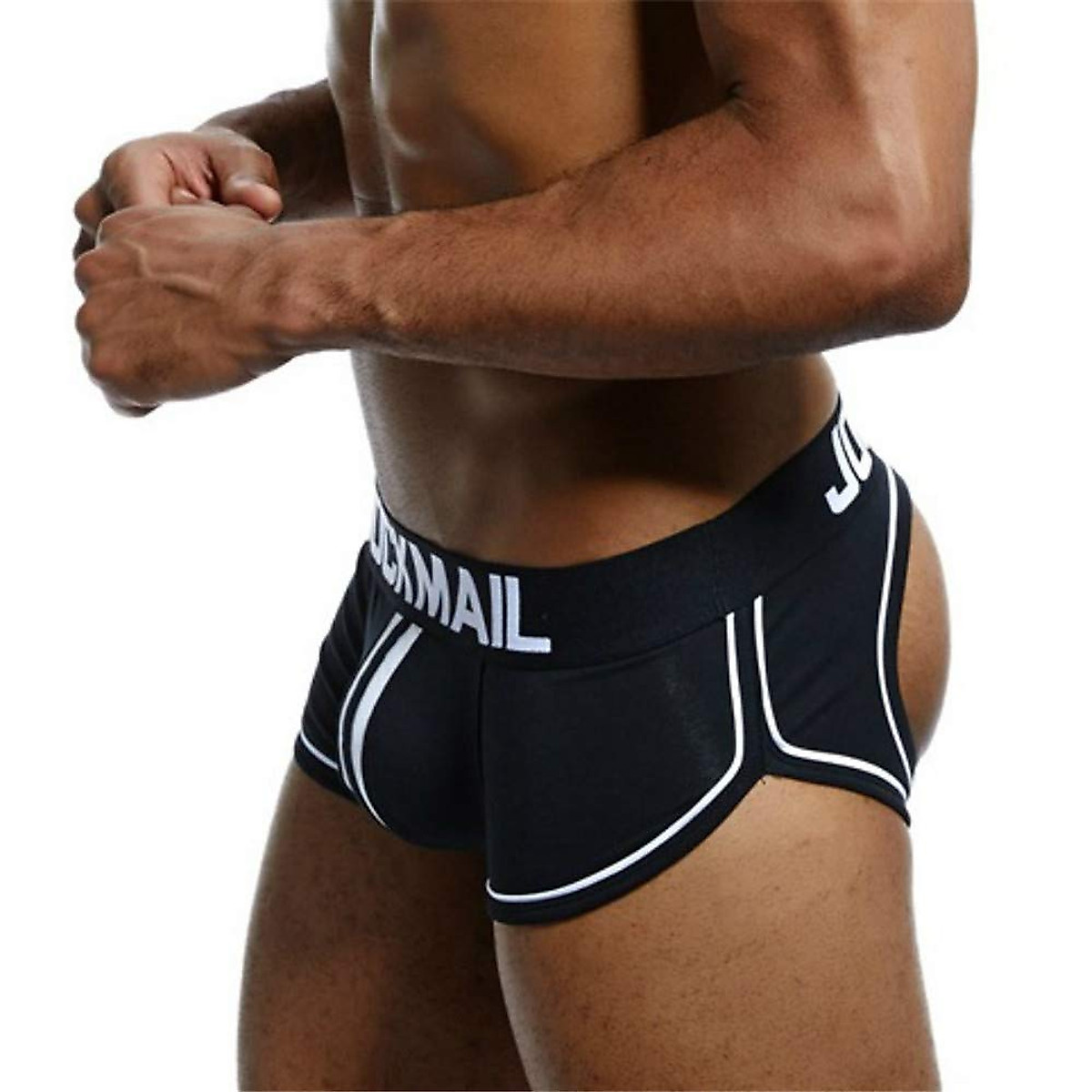 JOCKMAIL Men Open Back Underwear Men Boxer Shorts Cotton Backless Gay Underwear (M, Black)