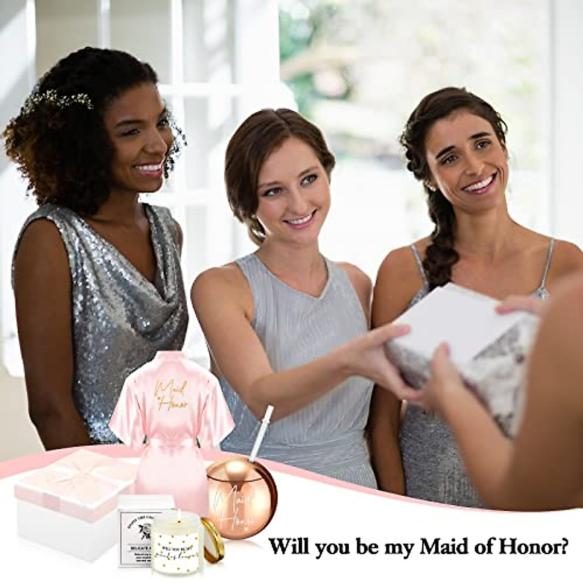 Maid of Honor Proposal Gifts Includes Maid of Honor Short Silk Robes Will You Be My Maid of Honor Bridesmaid Candle Drink Tumbler with Straw and Gift Box for Wedding Bachelorette Party(Maid of Honor)