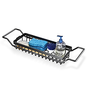 Sink Caddy Sponge Holder Telescopic Kitchen Sink Organizer, Expandable 16.7" to 21" Over The Kitchen Sink Accessories with Dishcloth Towel Holder for Rag Brush Soap Dishwashing Liquid
