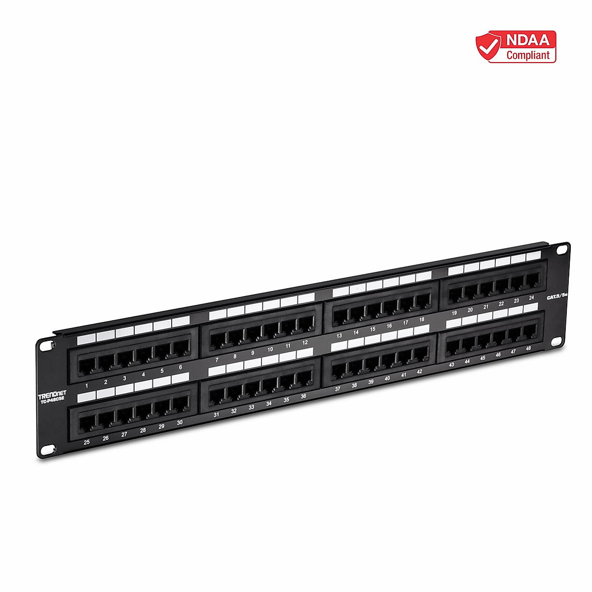 TRENDnet 48-Port Cat5/5e Unshielded Patch Panel, TC-P48C5E, 2U 19 inch Rackmount Design or Wall Mount, Cable Management, NDAA Compliant, 48 x Gigabit RJ-45 Ports