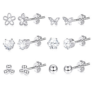 6 Pairs White Gold Small Stud Earrings Set,Dainty Hypoallergenic Cubic Zirconia Sterling Silver Cartilage Post Earring Tiny Ball Heart Butterfly Flower Stud Earrings for Women