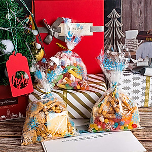 Whaline 100 Pcs Christmas Cellophane Bags with 100 Gold Twist Ties, Xmas Clear Candy Cookie Treat Bags for Christmas Party Supplies (Snowflake)
