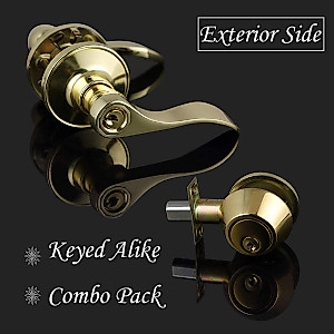 Keyed Alike Entrance Lock Lever Combo Set,3 Set Entry Lever with Single Cylinder Deadbolts in Polished Brass,Wave Door Levers Exterior,Entrance Door Lockset with Deadbolts,Front Entry Handle Golden