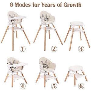 6-in-1 Baby High Chair, Convertible Highchair for Babies and Toddlers with Storage Plate & Dishwasher Safe Tray, Infant Feeding Chair, Wooden High Chair with Hard Beech Wood Legs