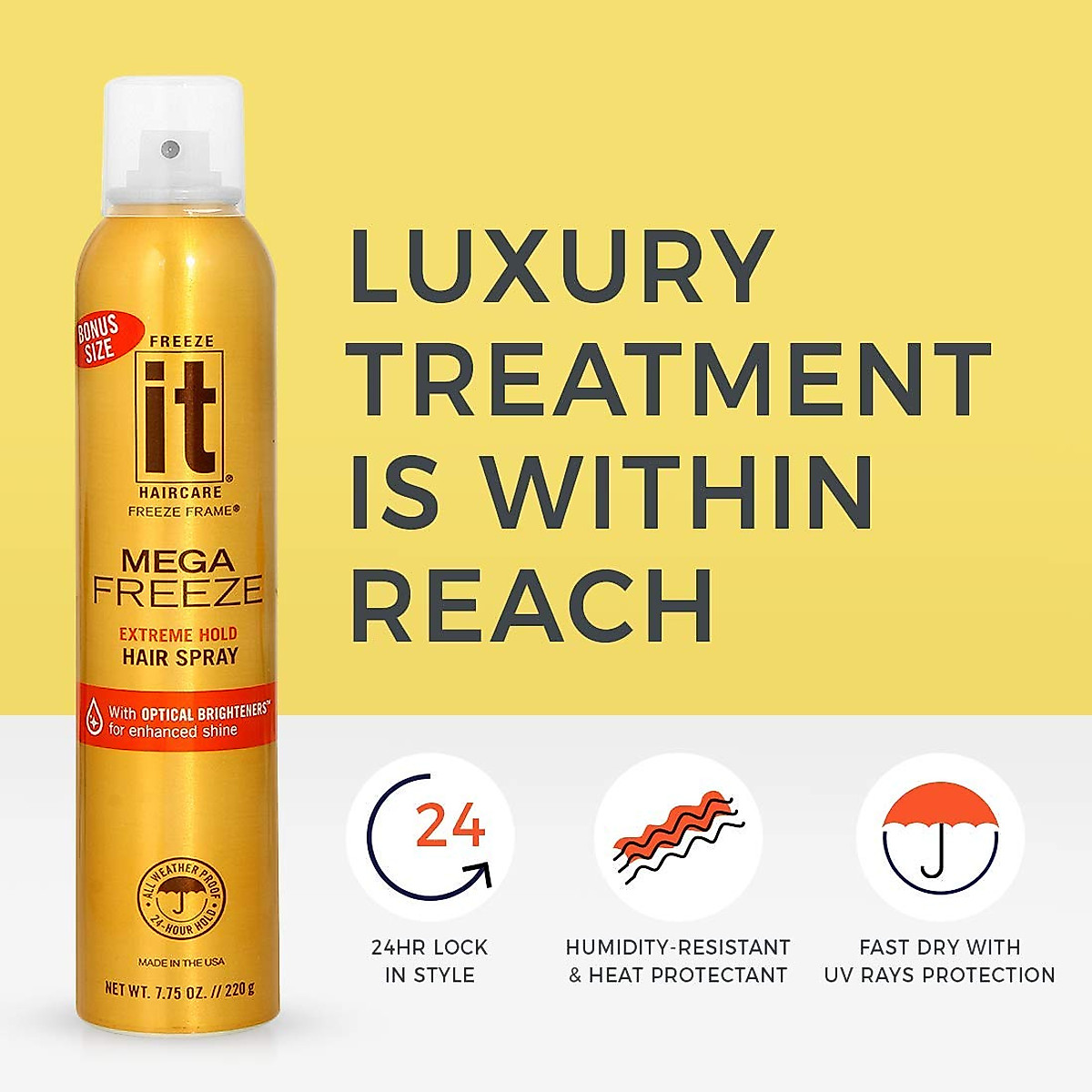 IT Haircare MEGA Freeze Extreme Hold Hair Spray | 7.75 Oz. | Vitamin B5 & Hydrolyzed Wheat Protein | Humidity Resistant | Optical Brighteners for Enhanced Shine | 24 Hour Hold Fast-Dry