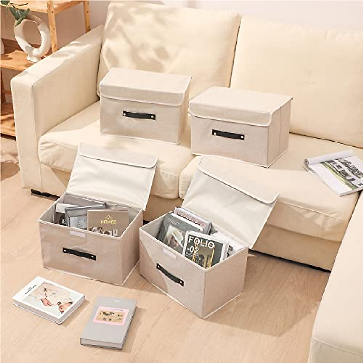 mee'life Foldable Storage Boxes with Lids 2 Pack Fabric Storage Bins with Lids, Closet Organizers for Clothes Storage, Room Organization, Office Storage, Toys - Beige