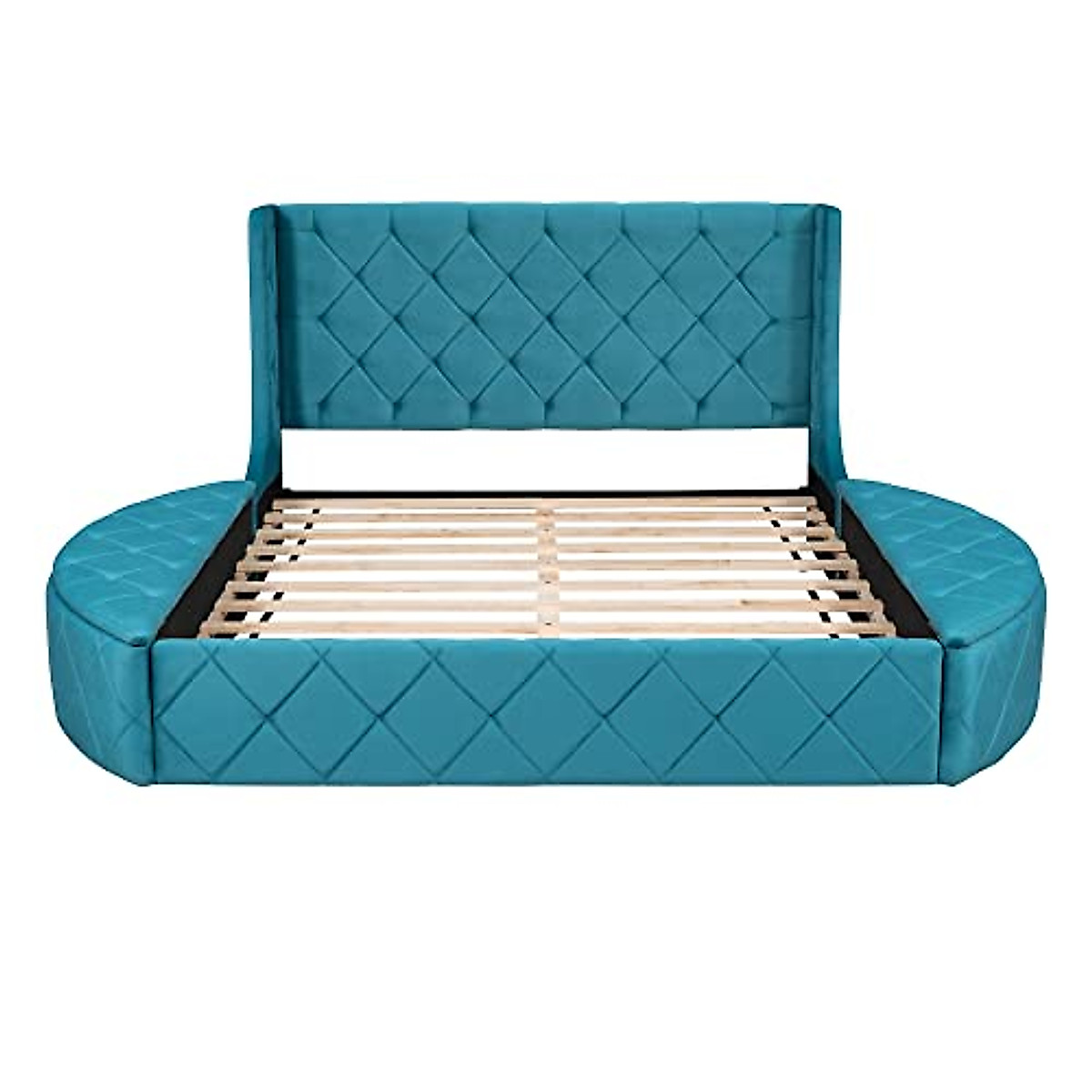 UBGO Queen Upholstered Platform Size Wingback Headboard and 1 Big Drawer,2 Side Stool,Velvet Storage Bed Frame,No Box Spring Needed/Easy Assembly, Blue e