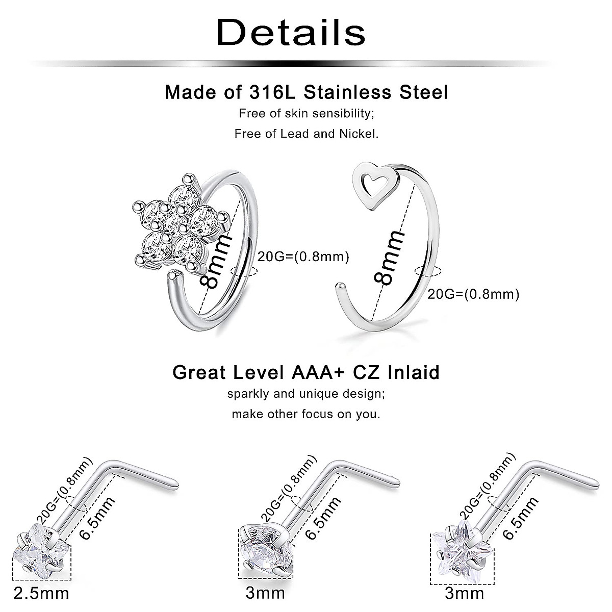 Ftovosyo 20G Surgical Steel Nose Rings Hoop for Women Men, Paved CZ Flower Piercing Jewelry L Shaped Nose Ring Stud Set