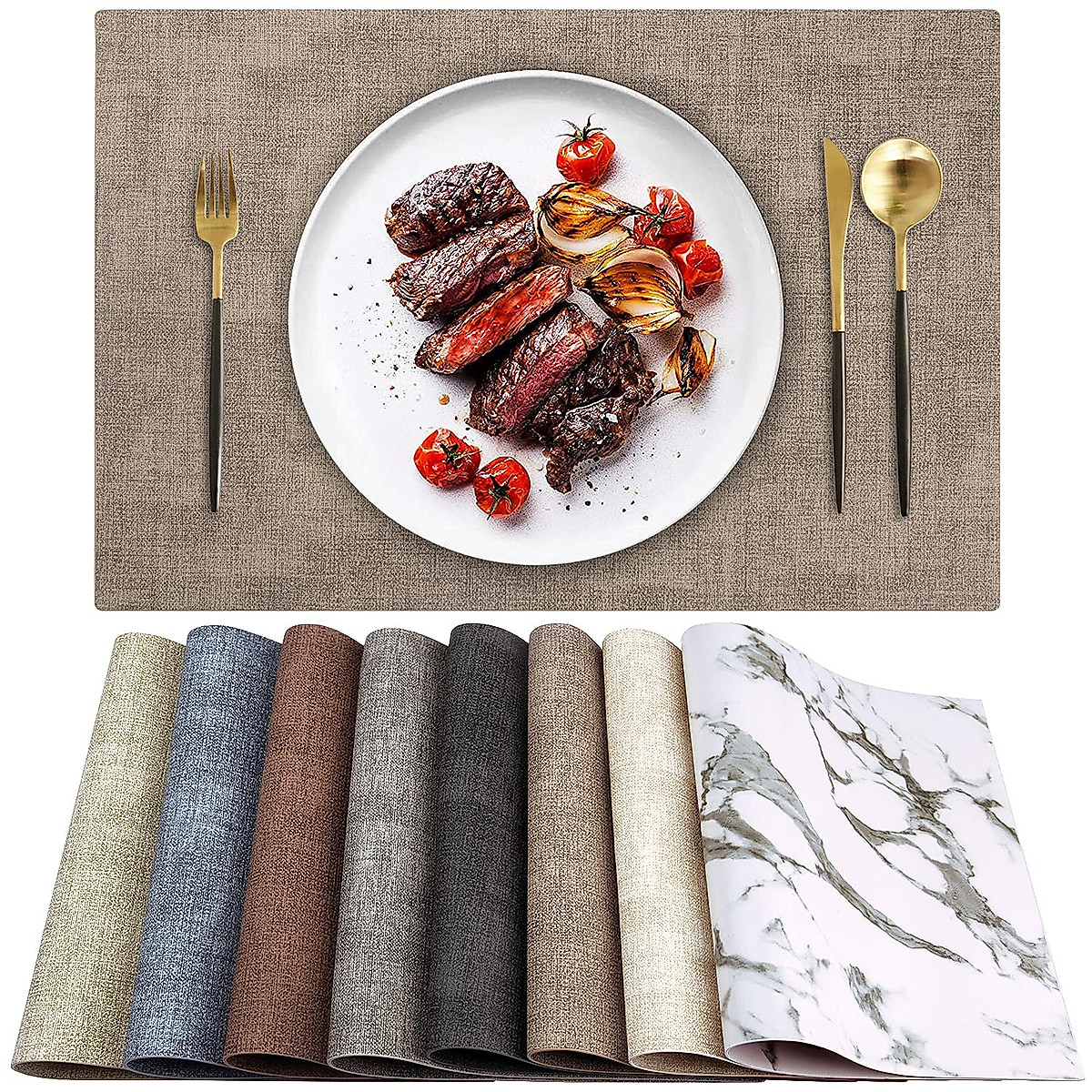 LANDVIEW Leather Heat Resistant Placemats Set of 6 Waterproof Wipeable Washable PU Table Mats,Easy to Clean Anti-Slip Place Mats (Light Brown, 6)