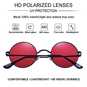 Gleyemor Polarized Round Sunglasses for Men Women Hippie Small Circle Glasses Red Yellow Lenses (Black/Clear Red)