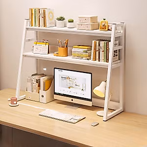 YAFXAIG Desktop Bookshelf Computer Desk,Desk Hutch Dorm， 2-Tier Wood Hutch Bookcase Organizer, for Home Office Dorm Furniture Storage Shelves (White, 45.3in*35.5in*12.6in)