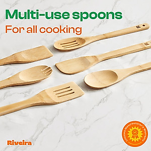 Riveira Wooden Spoons for Cooking 6-Piece Bamboo Utensil Set Apartment Essentials Wood Spatula Spoon Nonstick Kitchen Utensil Set Premium Quality Housewarming Gifts Wooden Utensils for Everyday Use