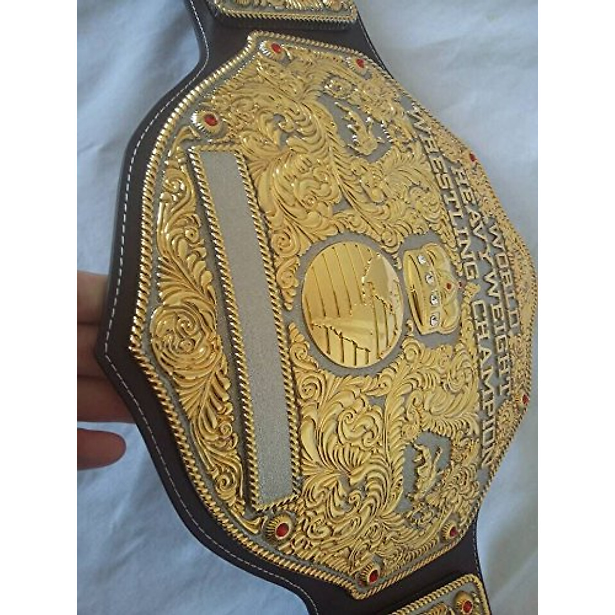 Fandu Belts Big Gold Adult Replica Real Leather Dual Plate Wrestling Championship Belt Title 8mm Thick 6.8lbs Trophy